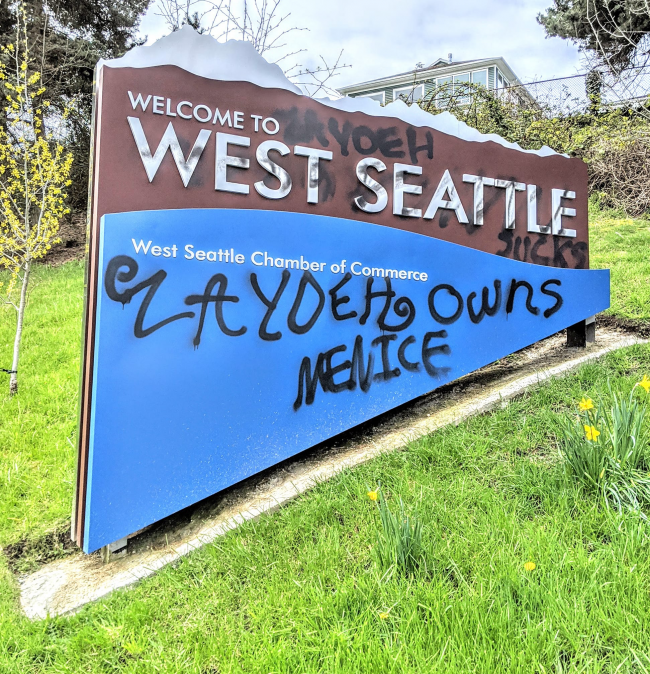 UPDATE: Welcome to West Seattle sign defaced with spray paint ...